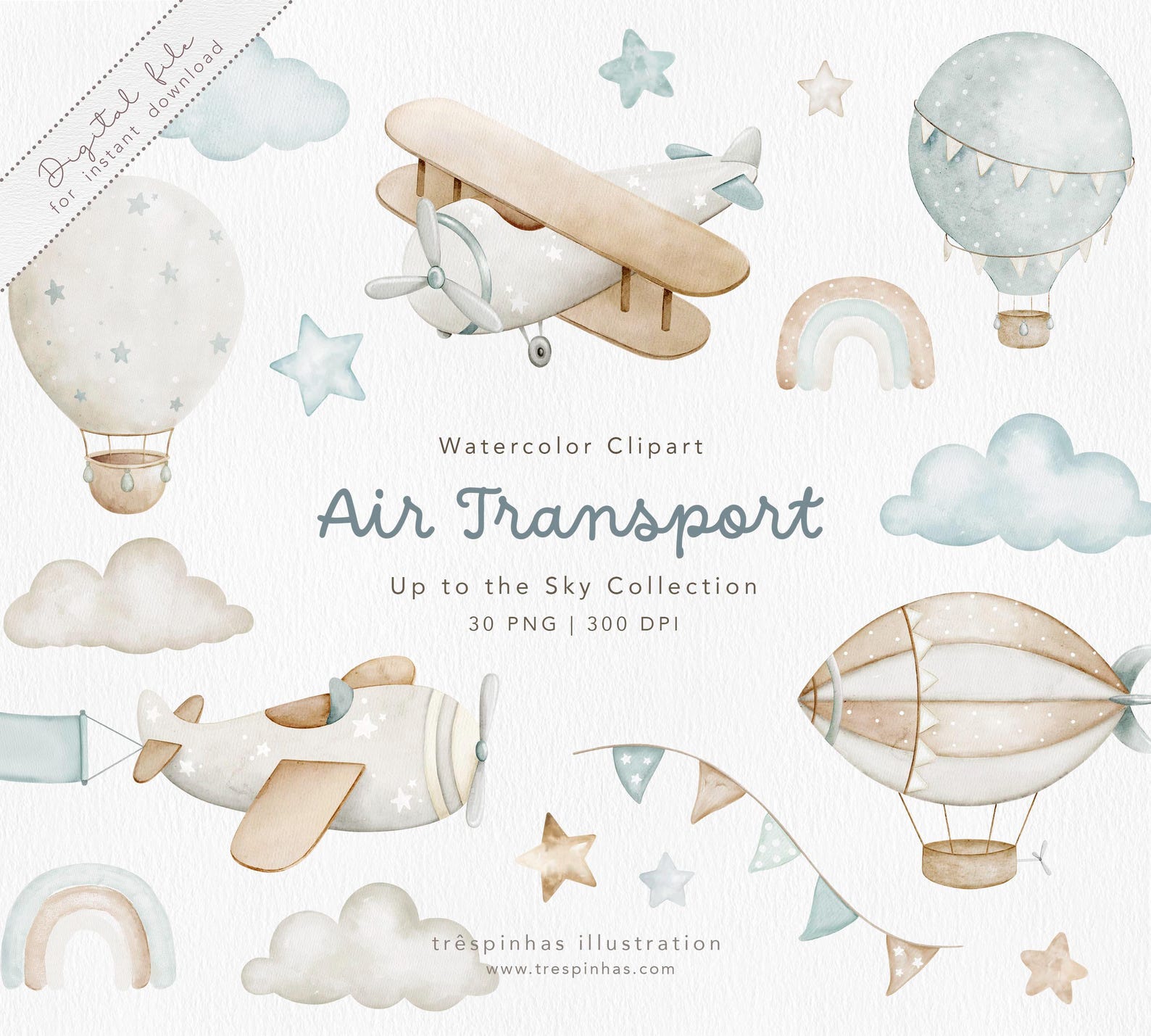 Air Transport Watercolor Clipart Set, Airplane Clipart, Baby Boy Wall ...