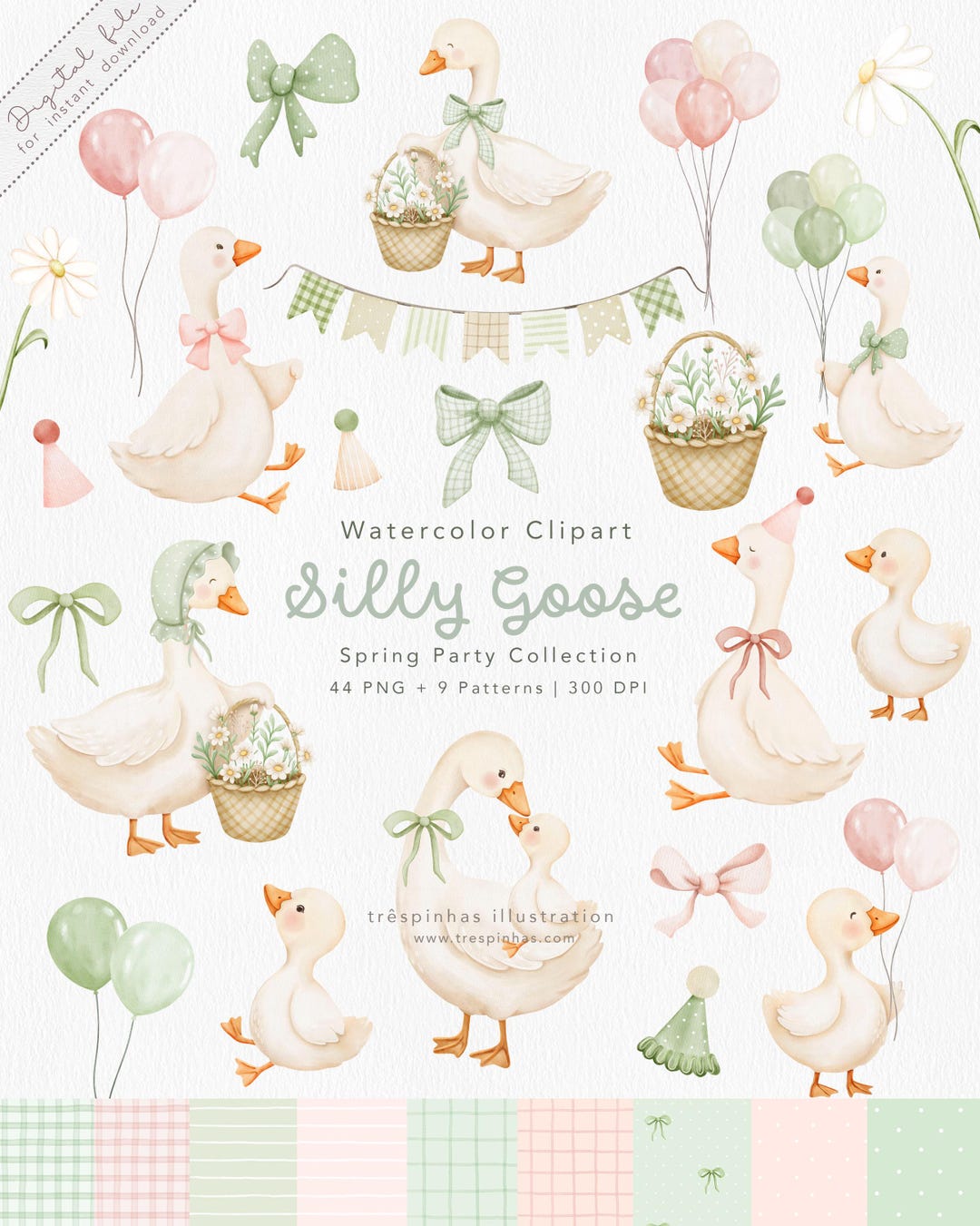 Cute Silly Goose Spring Party Clipart, Watercolor Goose with Bows PNG ...
