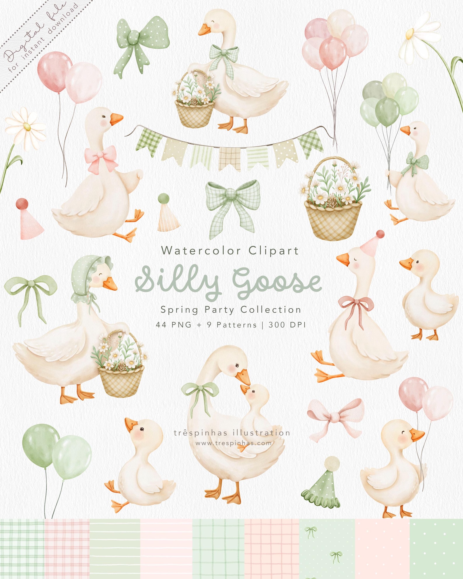Cute Silly Goose Spring Party Clipart, Watercolor Goose With Bows PNG ...