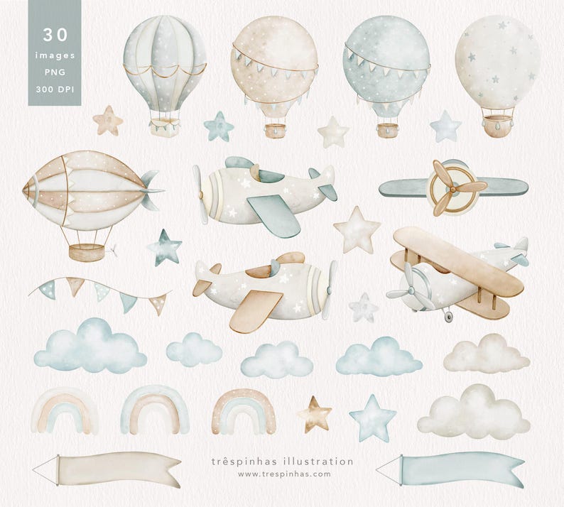 Air Transport Watercolor Clipart Set, Airplane Clipart, Baby Boy Wall ...