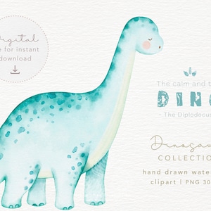 Dinosaur Clipart Watercolor PNG, Cute Dino Instant Download, Diplodocus ...