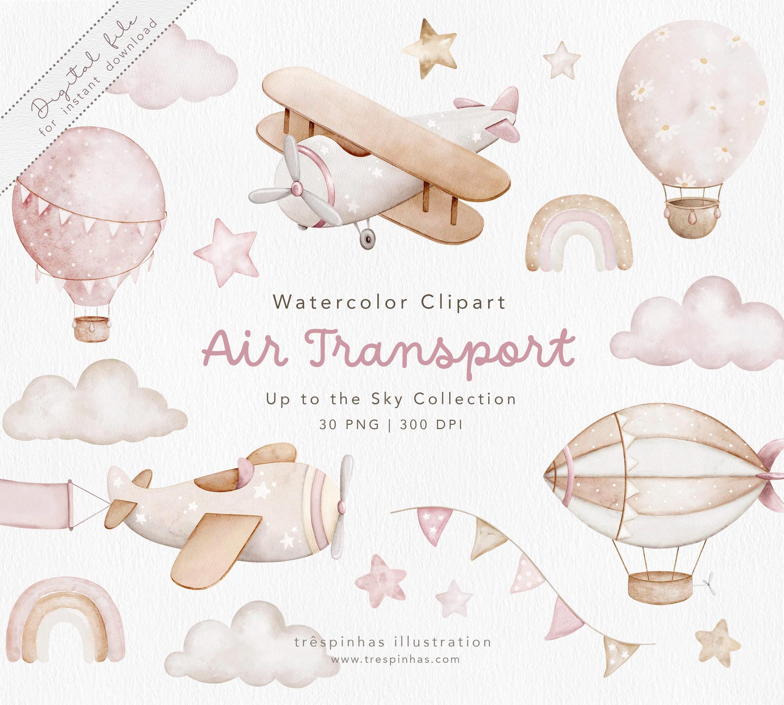 Air Transport Watercolor Clipart Set, Airplane Clipart, Baby Girl Wall ...