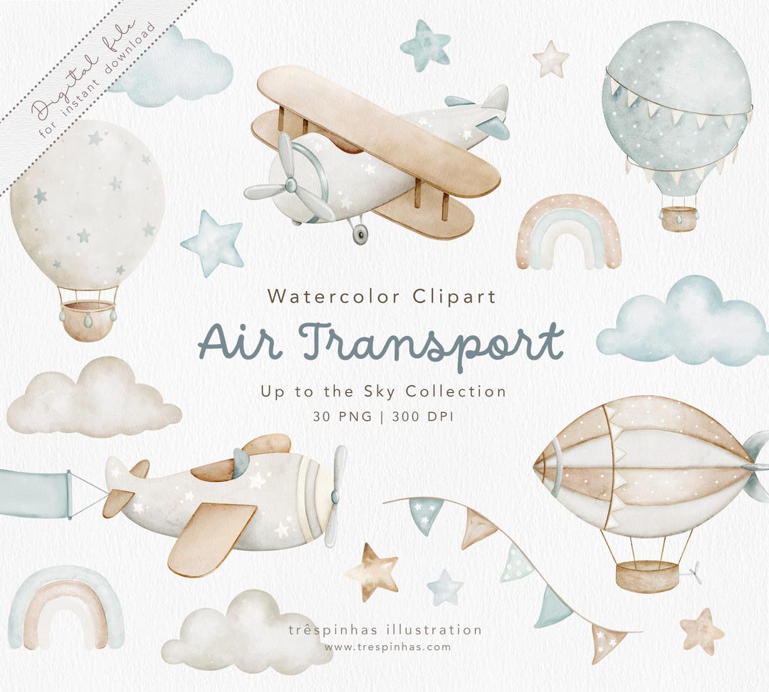 Air Transport Watercolor Clipart Set, Airplane Clipart, Baby Boy Wall ...