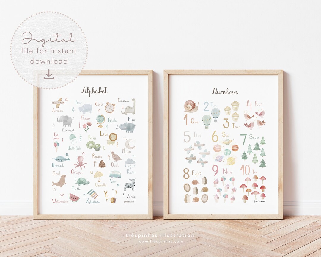 Watercolor Alphabet and Numbers Poster, Paster Colors ABC and Numbers ...