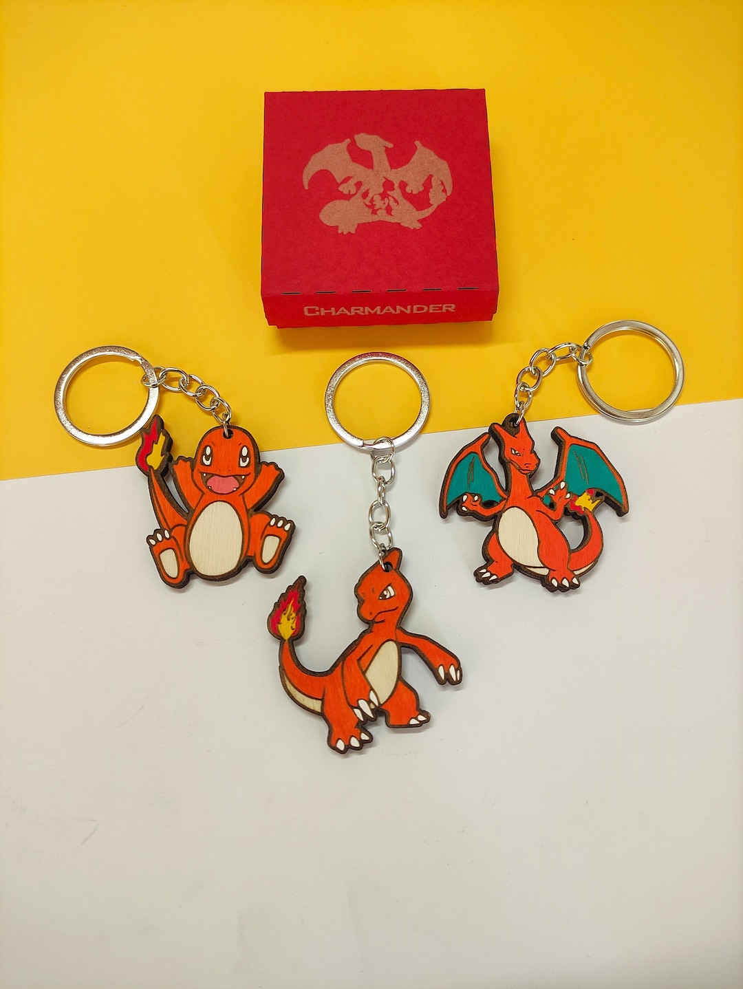 Set of 3 Wooden Pokémon Keychains Charmander, Charmeleon, Charizard ...