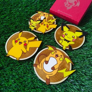 Colorful Pokémon Wooden Coasters, Pichu, Pikachu, Raichu, Unique Gift ...