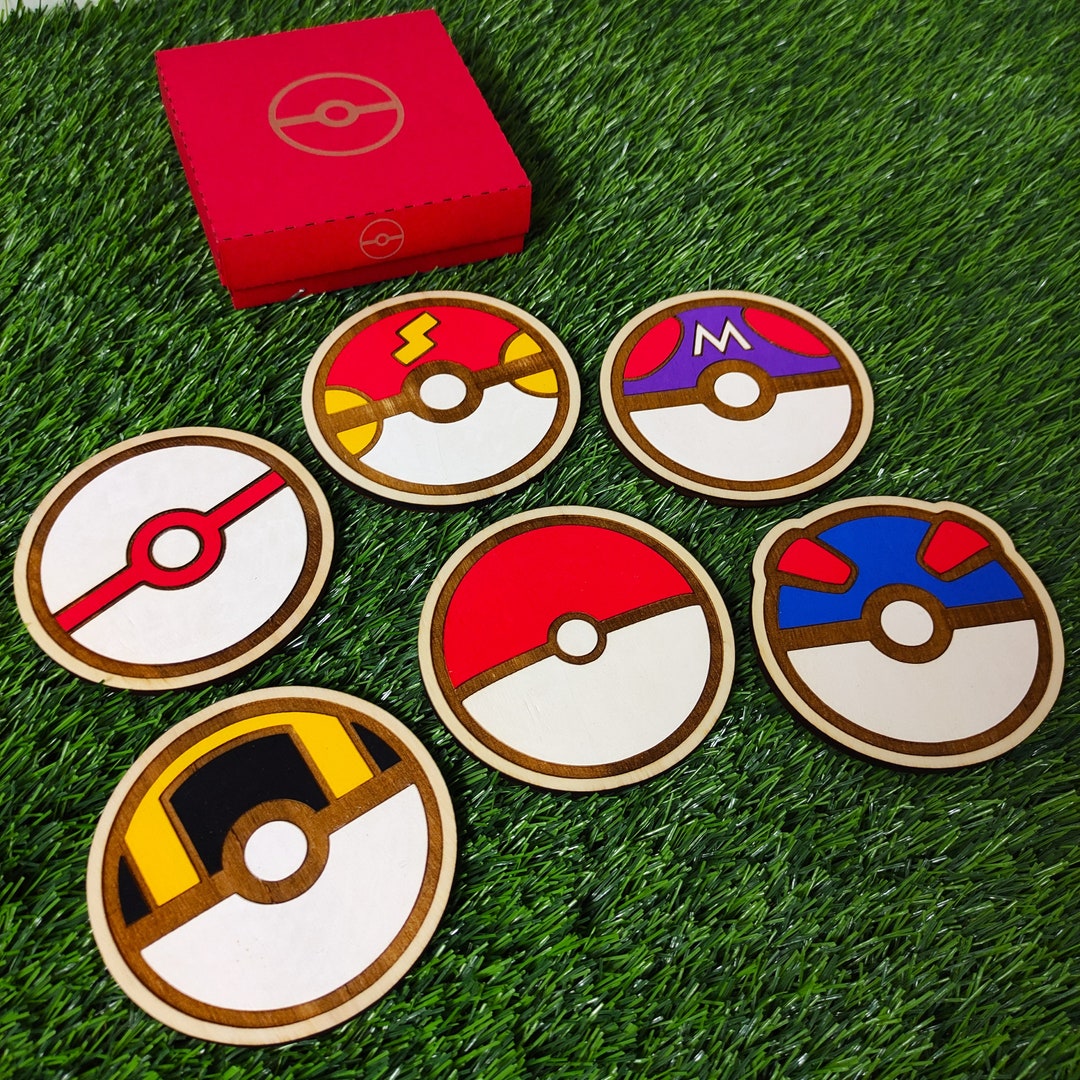 Set of 6 Colorful Pokémon Wooden Coasters, Poké Ball, Great Ball, Ultra ...