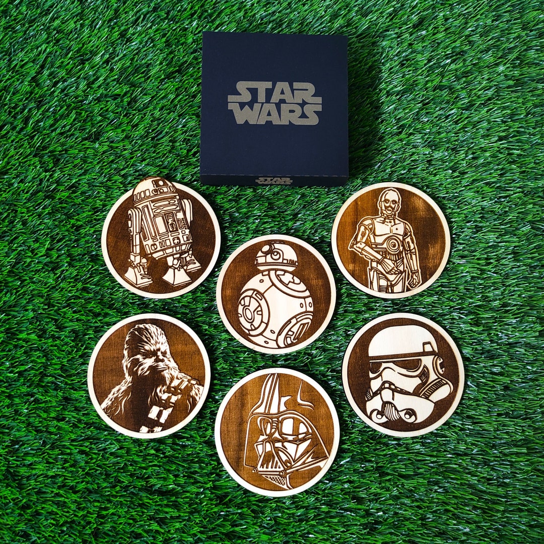 Set of 6 Star Wars Wooden Coasters, R2-D2, BB-8, C-3PO, Chewbacca ...