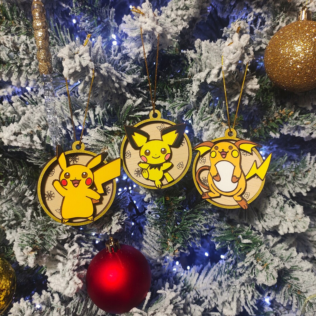 Set of 3 Wooden Pokémon Christmas Ornaments, Pichu, Pikachu, Raichu ...