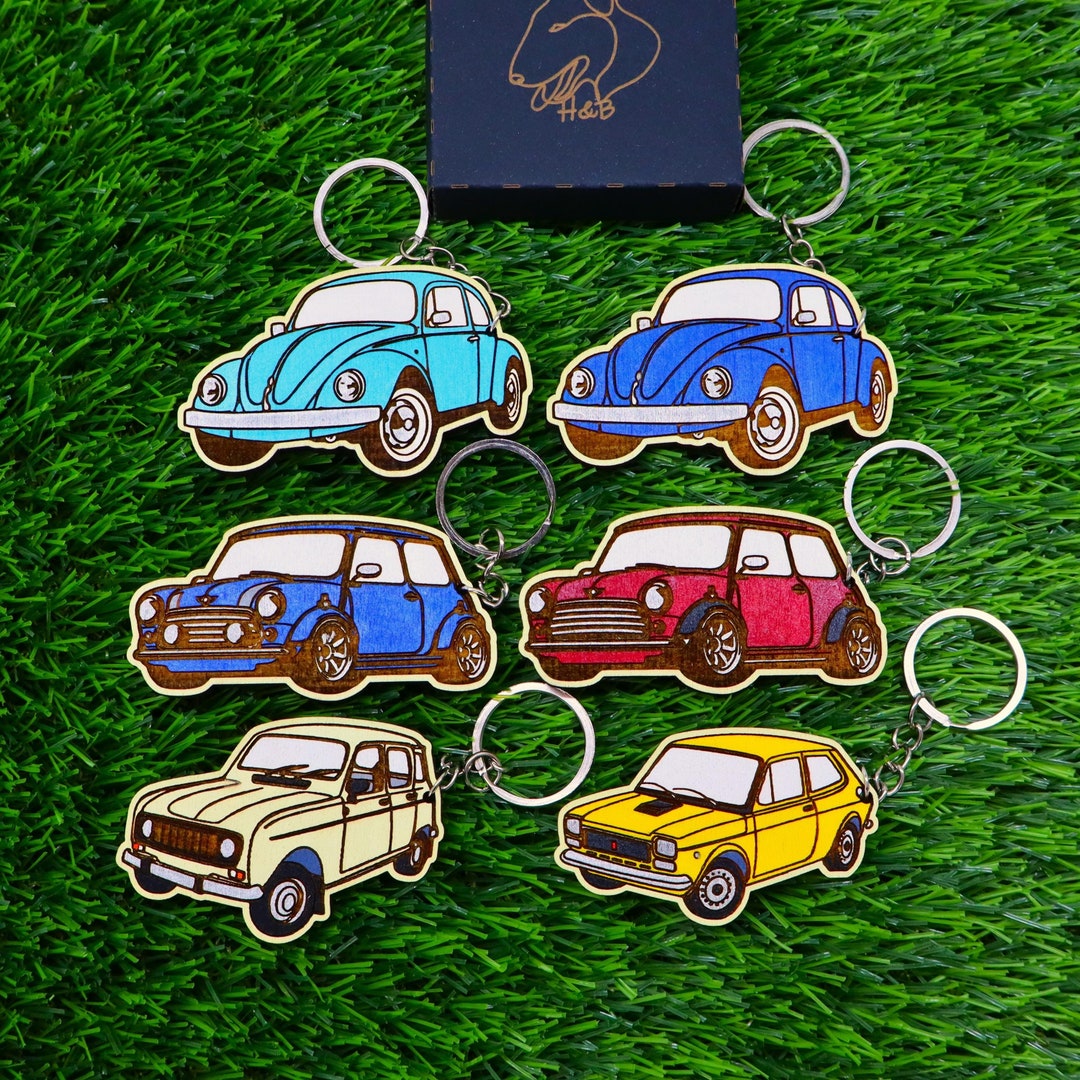 Vintage Car Wooden Colorful Keychain, Classic Automobile Design ...