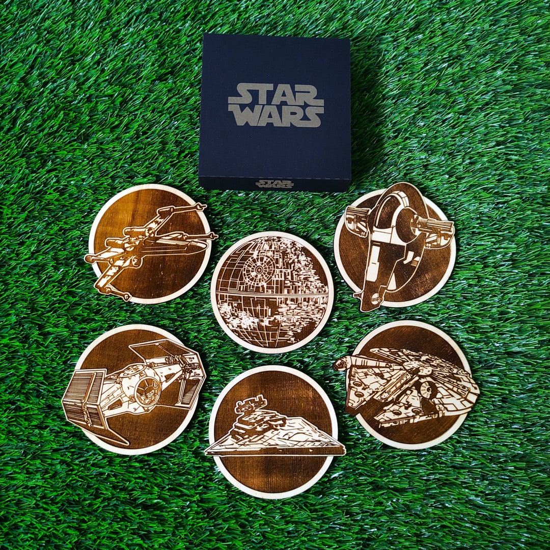 Set of 6 Star Wars Wooden Coasters, Spaceships, Millennium Falcon ...