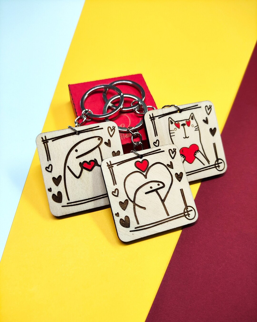 Set of 3 Funny Heart Meme Keychains, Cute Wooden Keychain, Love ...