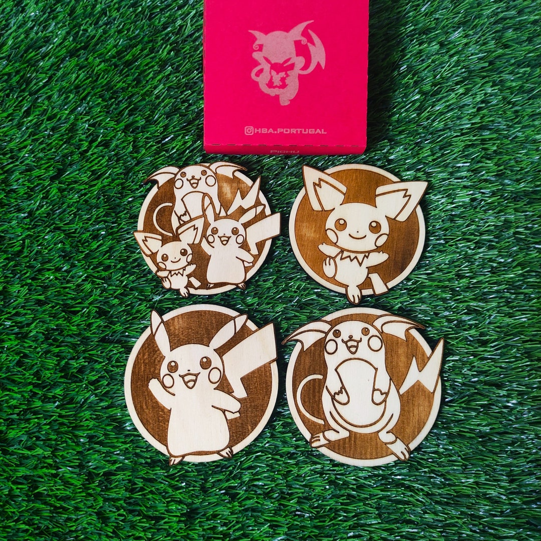 Set of 4 Colorful Pokémon Wooden Coasters, Pichu, Pikachu, Raichu ...