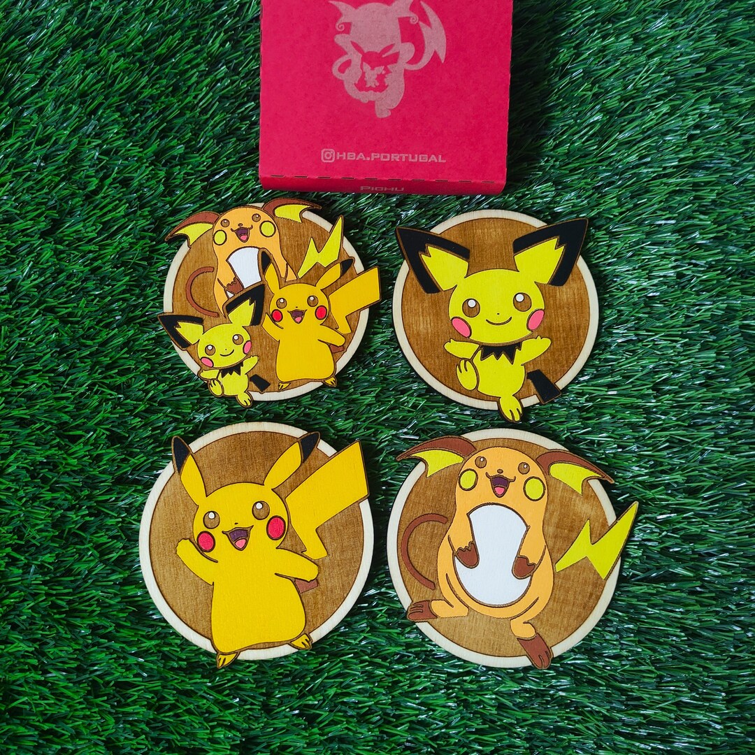 Set of 4 Colorful Pokémon Wooden Coasters, Pichu, Pikachu, Raichu ...