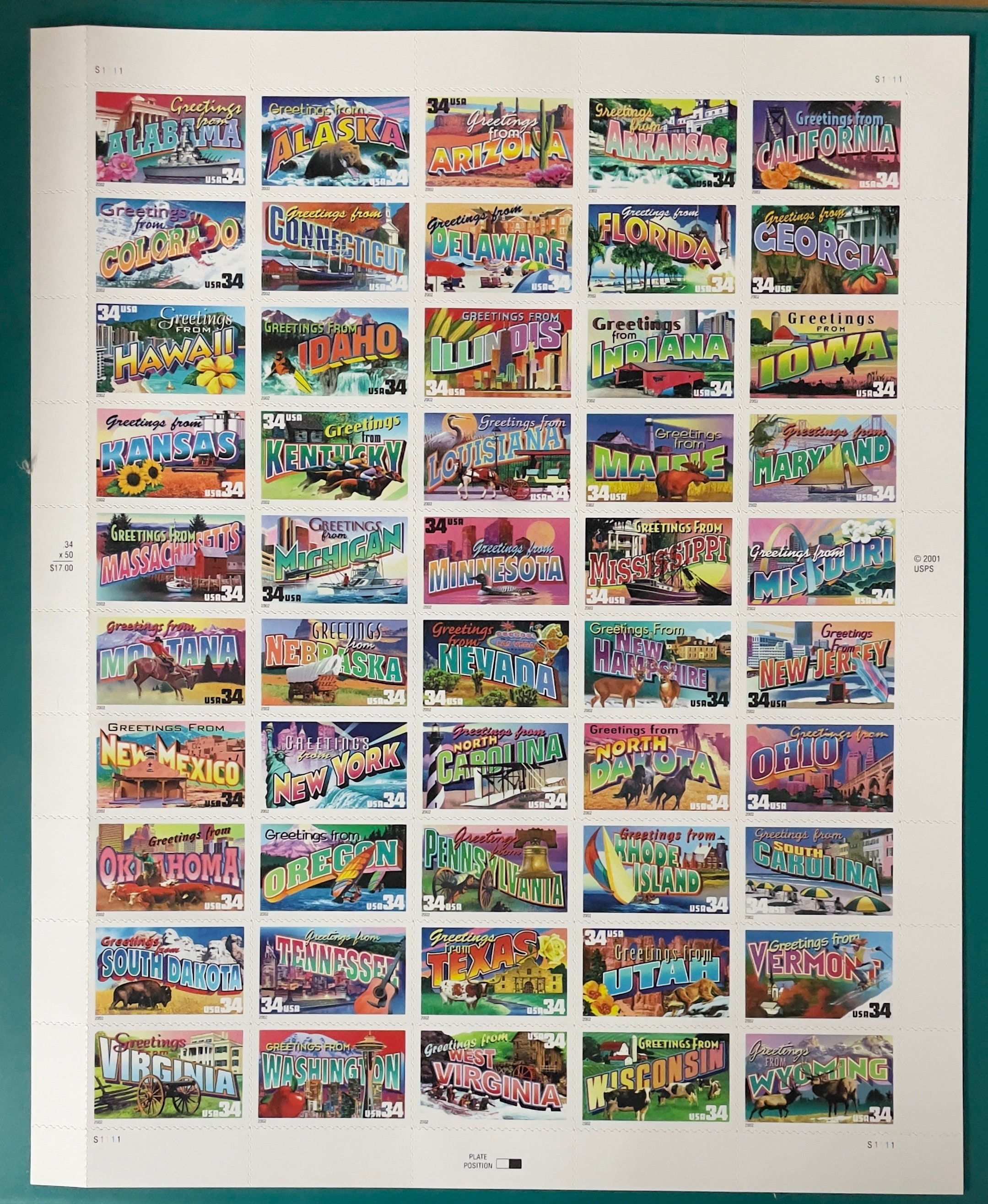 Vintage Greetings From America, US Postal Service Sheet of 50 Stamps ...