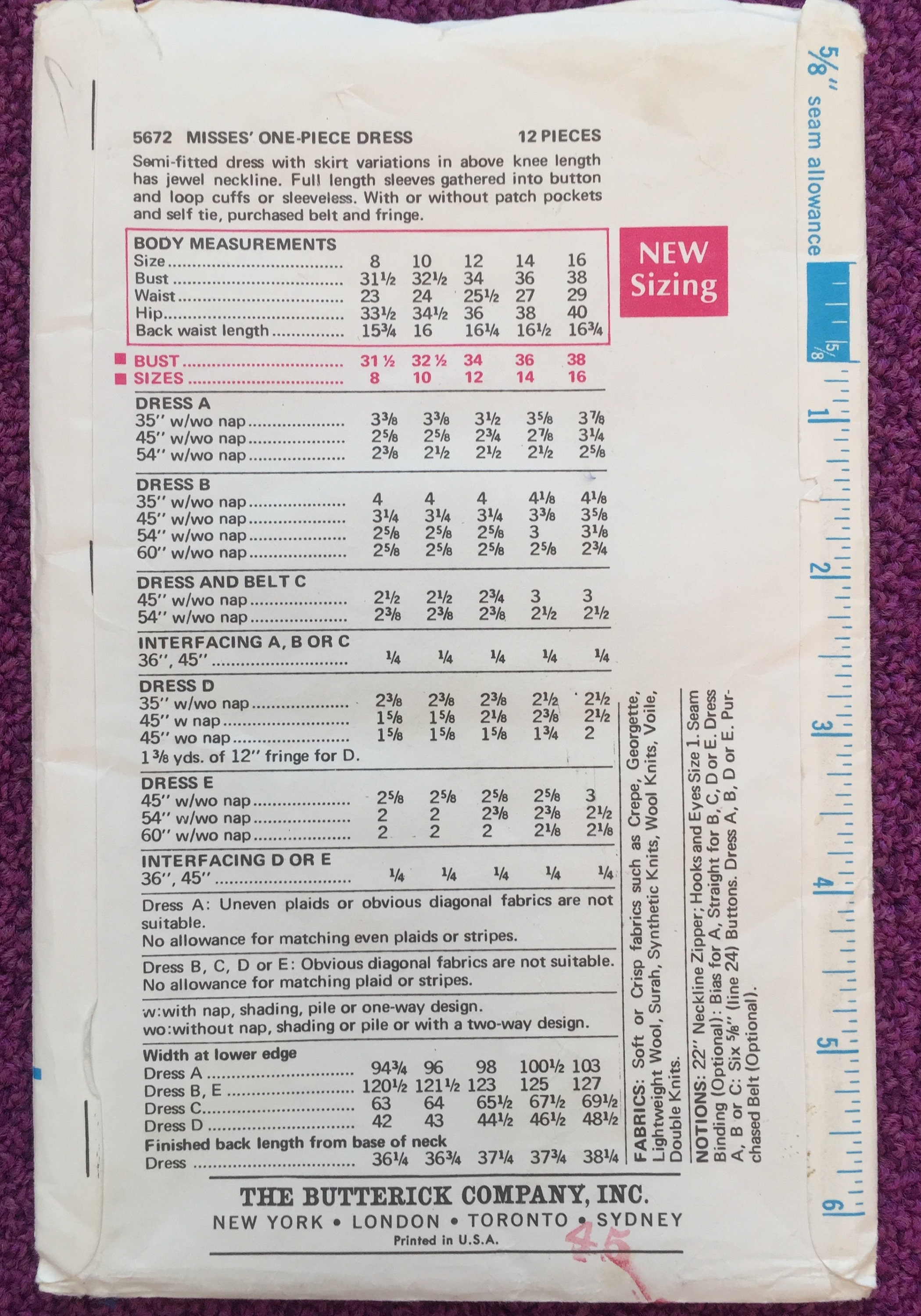 Vintage 1960's Dress Sewing Pattern, Butterick 5672, One-piece Dress ...