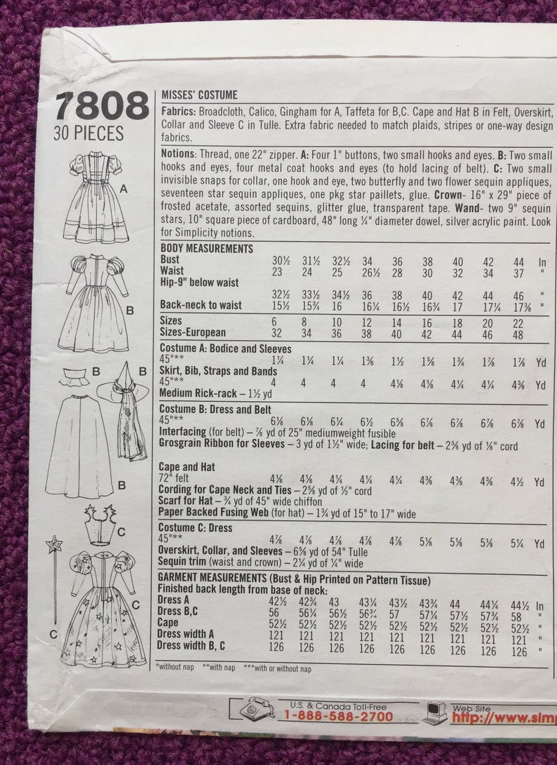 Wizard of Oz Sewing Pattern, Simplicity 7808, Dorothy Dress, Wicked ...