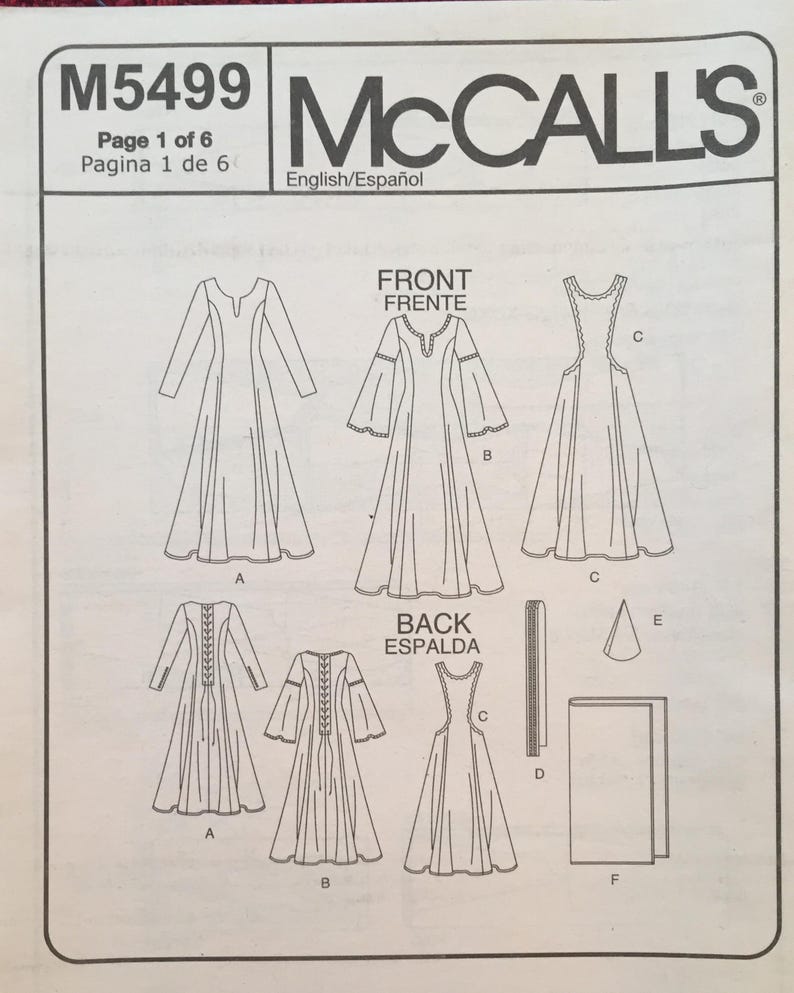 Medieval Dress Sewing Pattern, Mccall's 5499, Misses Sz 8-10,12-14,16 ...