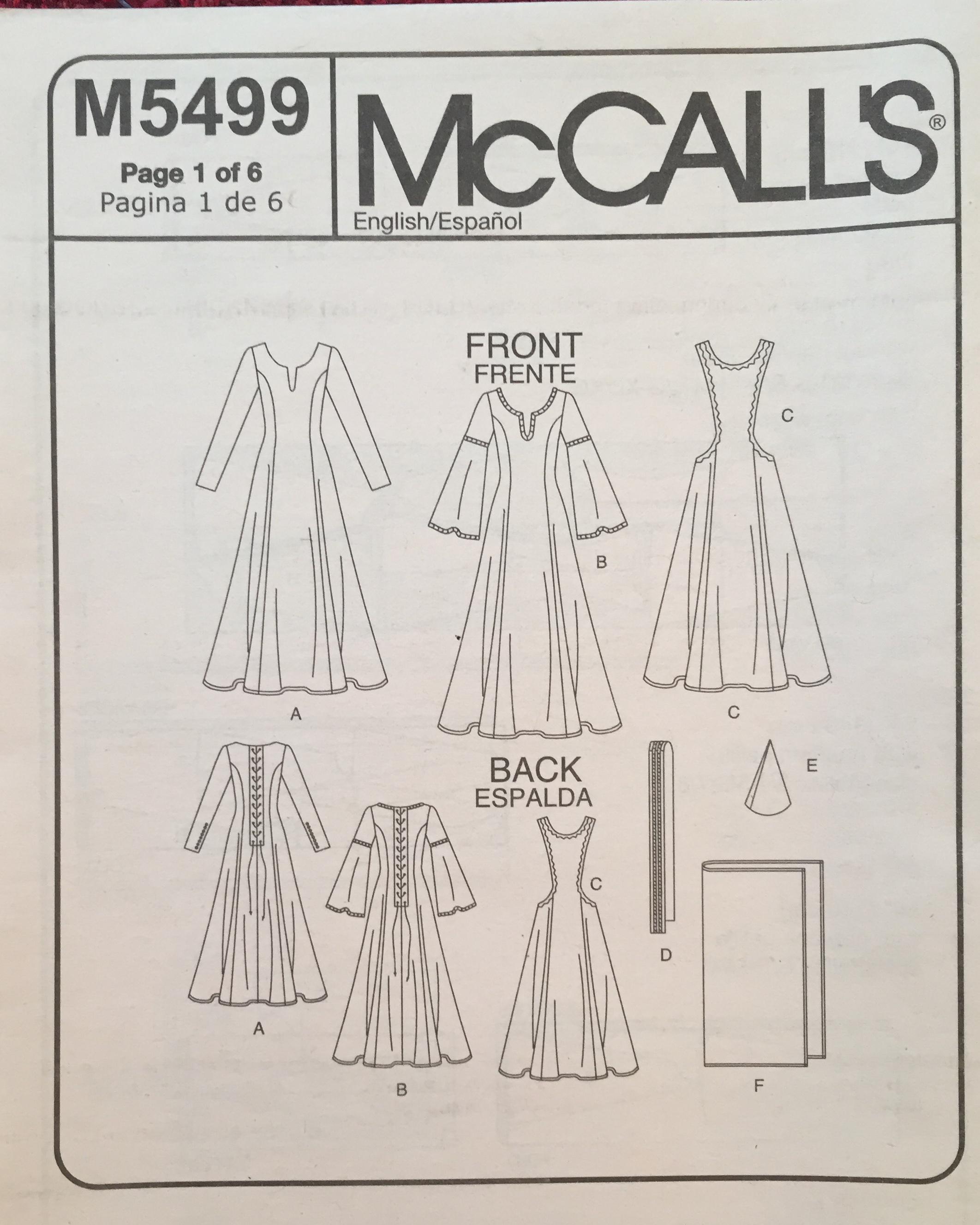 Medieval Dress Sewing Pattern, Mccall's 5499, Misses Sz 8-10,12-14,16 ...
