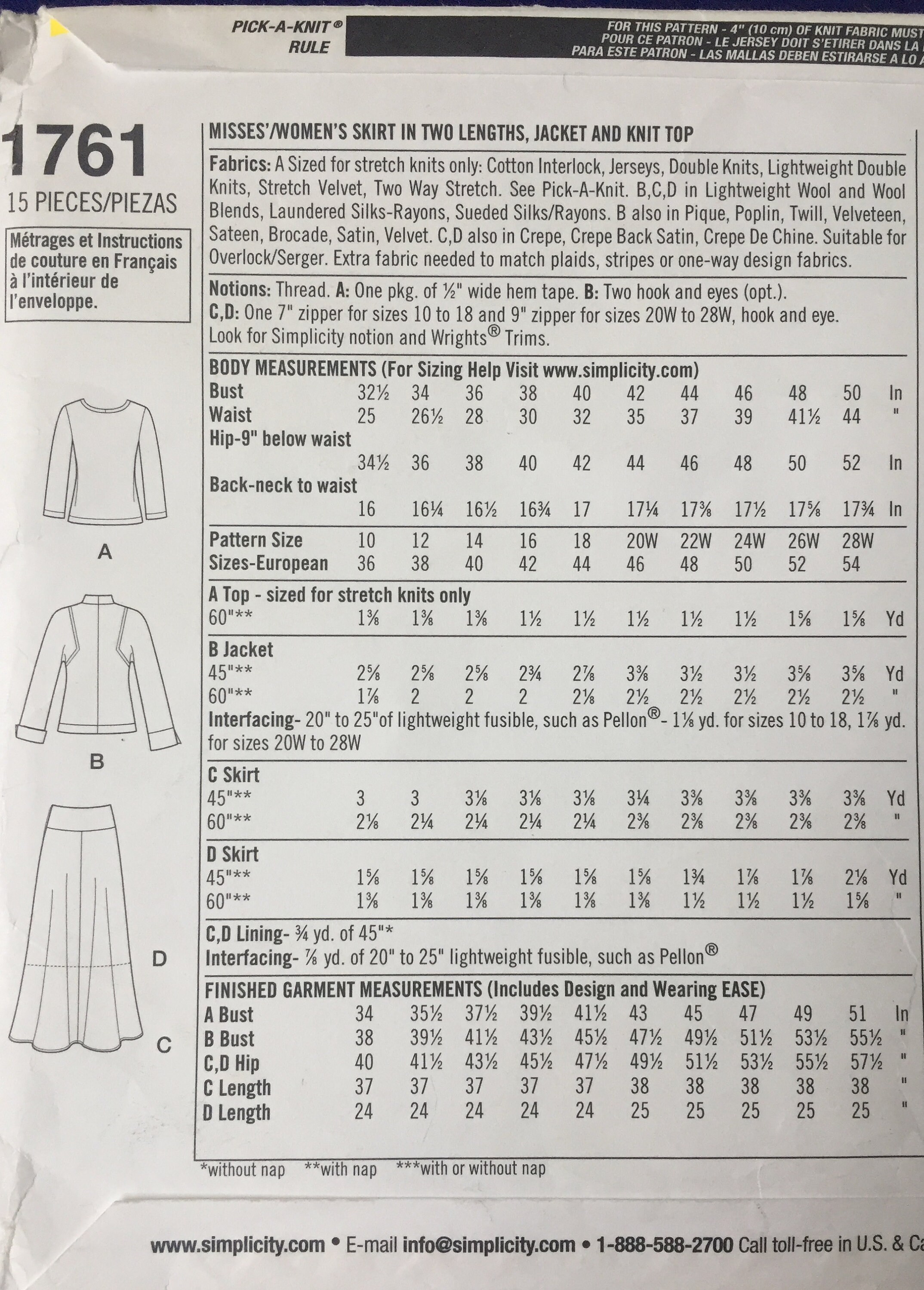 Plus Size Women's Outfits Sewing Pattern, Simplicity 1761, Jacket, Top ...