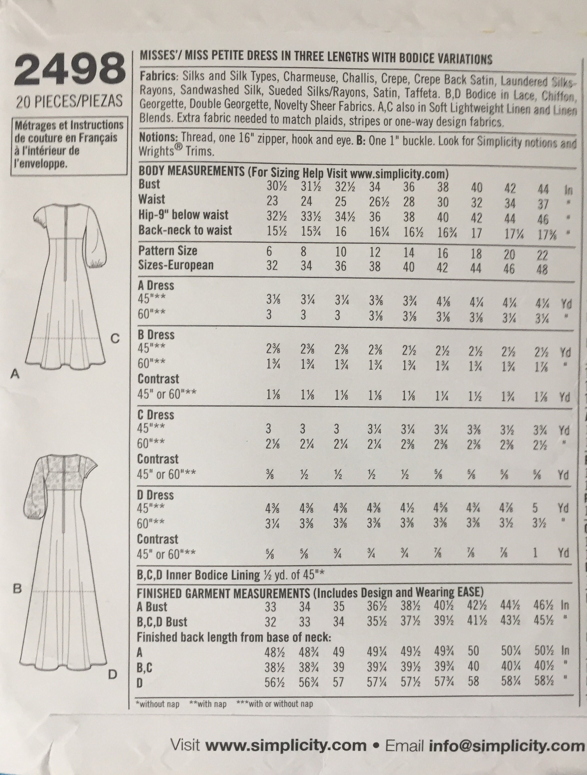 Formal Dress Sewing Pattern, Simplicity 2498, 6 Styles of Dress, Hem ...