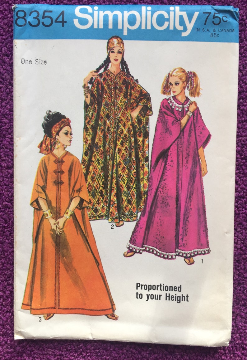 Women's Caftan Sewing Pattern, Vintage 60s, Simplicity 8354, Evening Length, Collarless, Shaped ...
