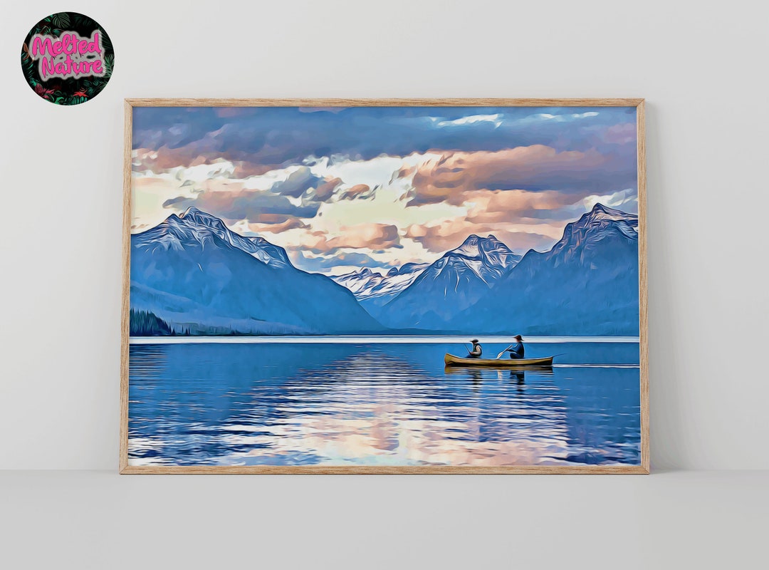 Two in A Canoe Oil Painted Style Print | Abstract Rocky Mountain Lake ...