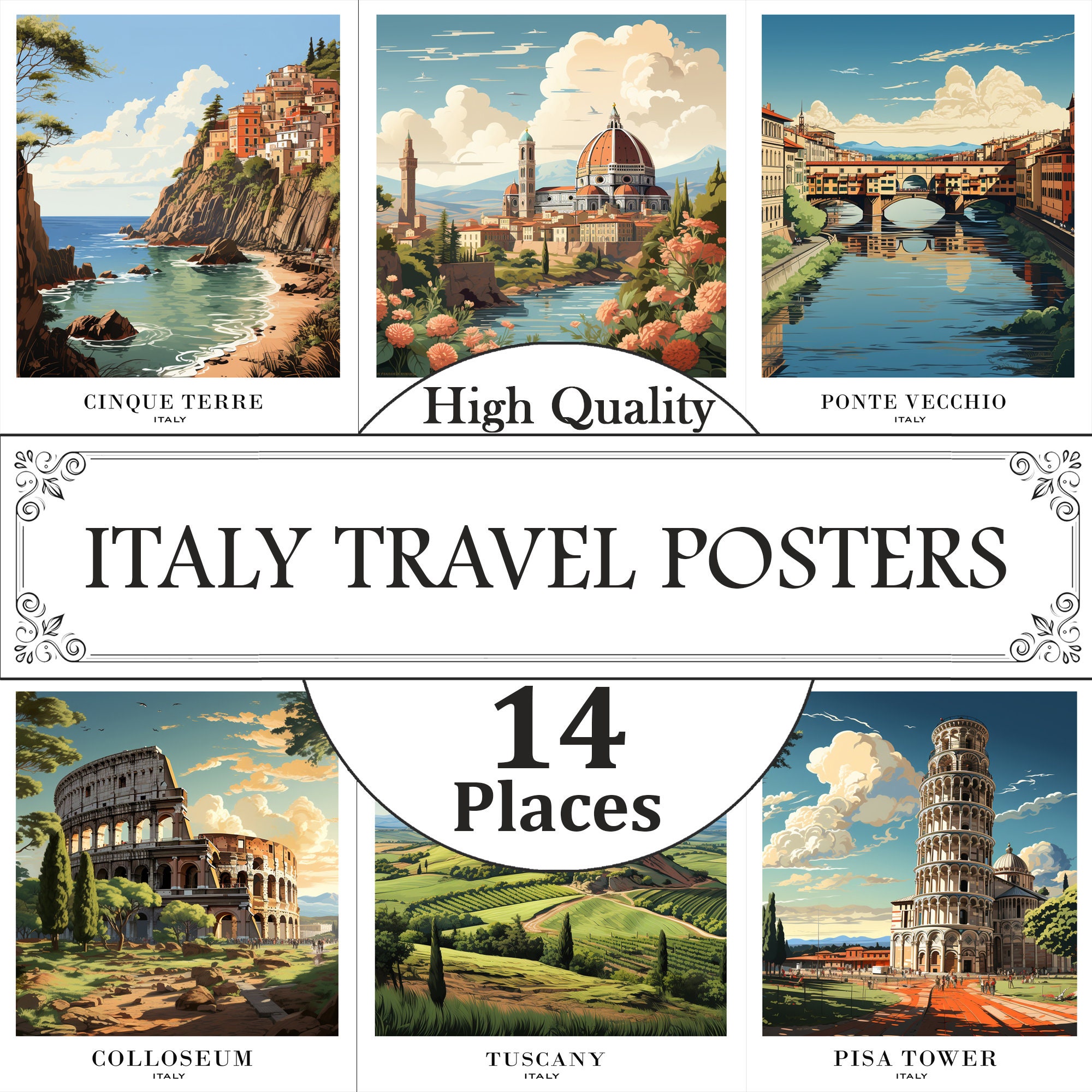 14 Italy Famous Travel Place Posters, Italy Travel Posters, Italy ...
