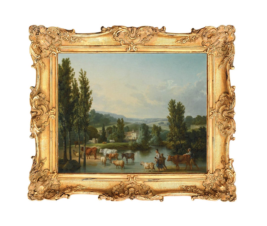 A Shepherd and His Family With Their Livestock Fording A Stream in an ...