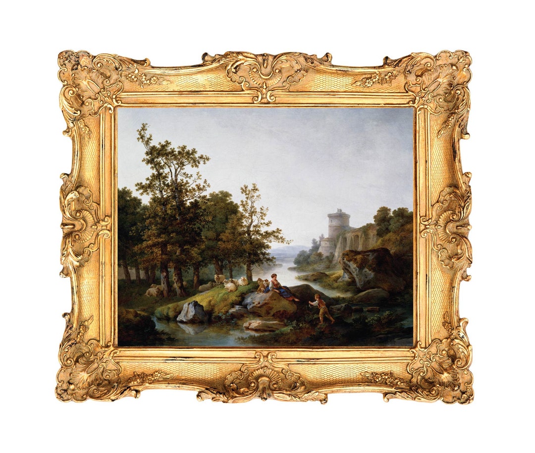 Landscape With a Shepherdess and a Boy Fishing by Jean-baptiste Huet ...