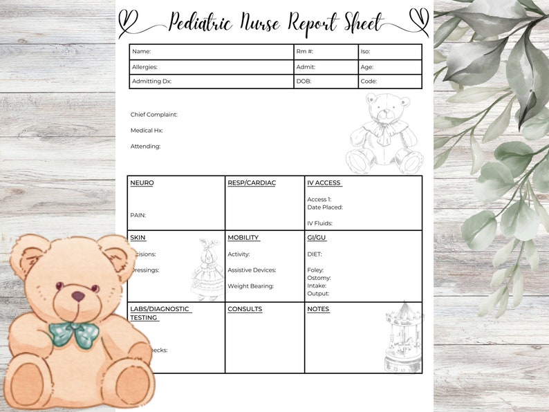 Pediatric Report Sheet Bundle Black and White Nurse Report Nurse Brain ...