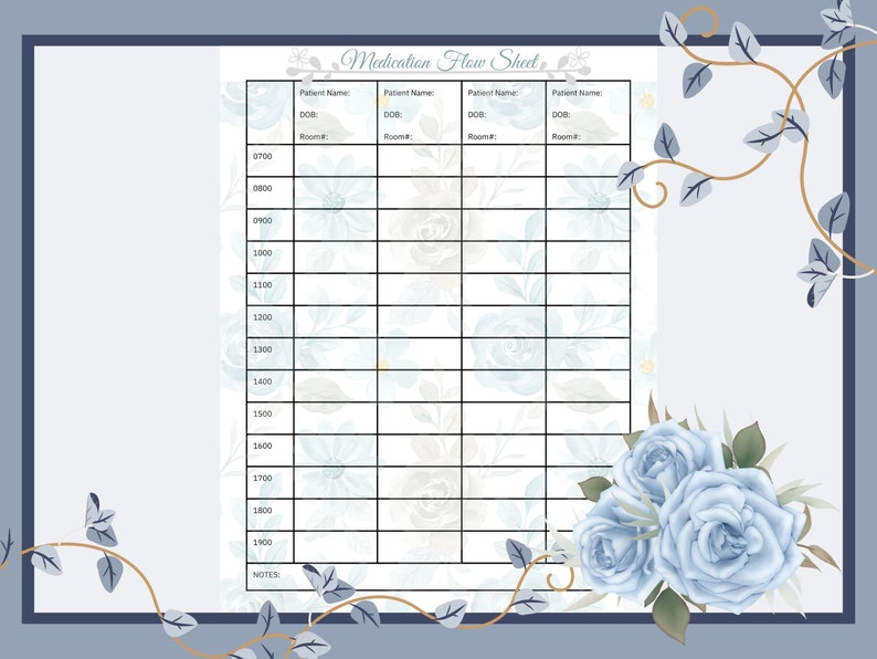 Medication Flow Sheet | Day Shift | 4 Patient | Blue Floral Med ...