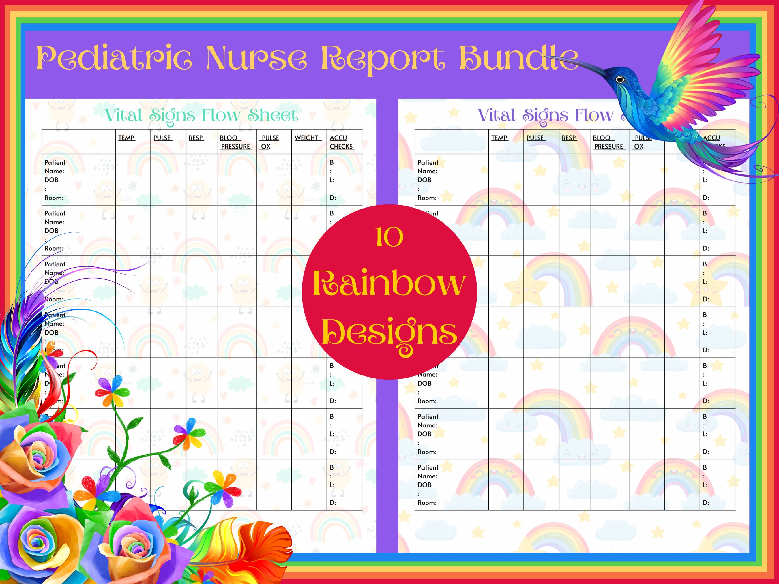 Vital Signs Flow Sheet Rainbow Bundle | 7 Patient | Vitals ...
