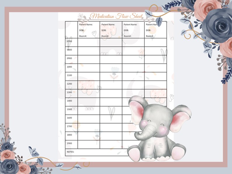 Medication Flow Sheet | Day Shift | 4 Patient | Elephant Medication ...