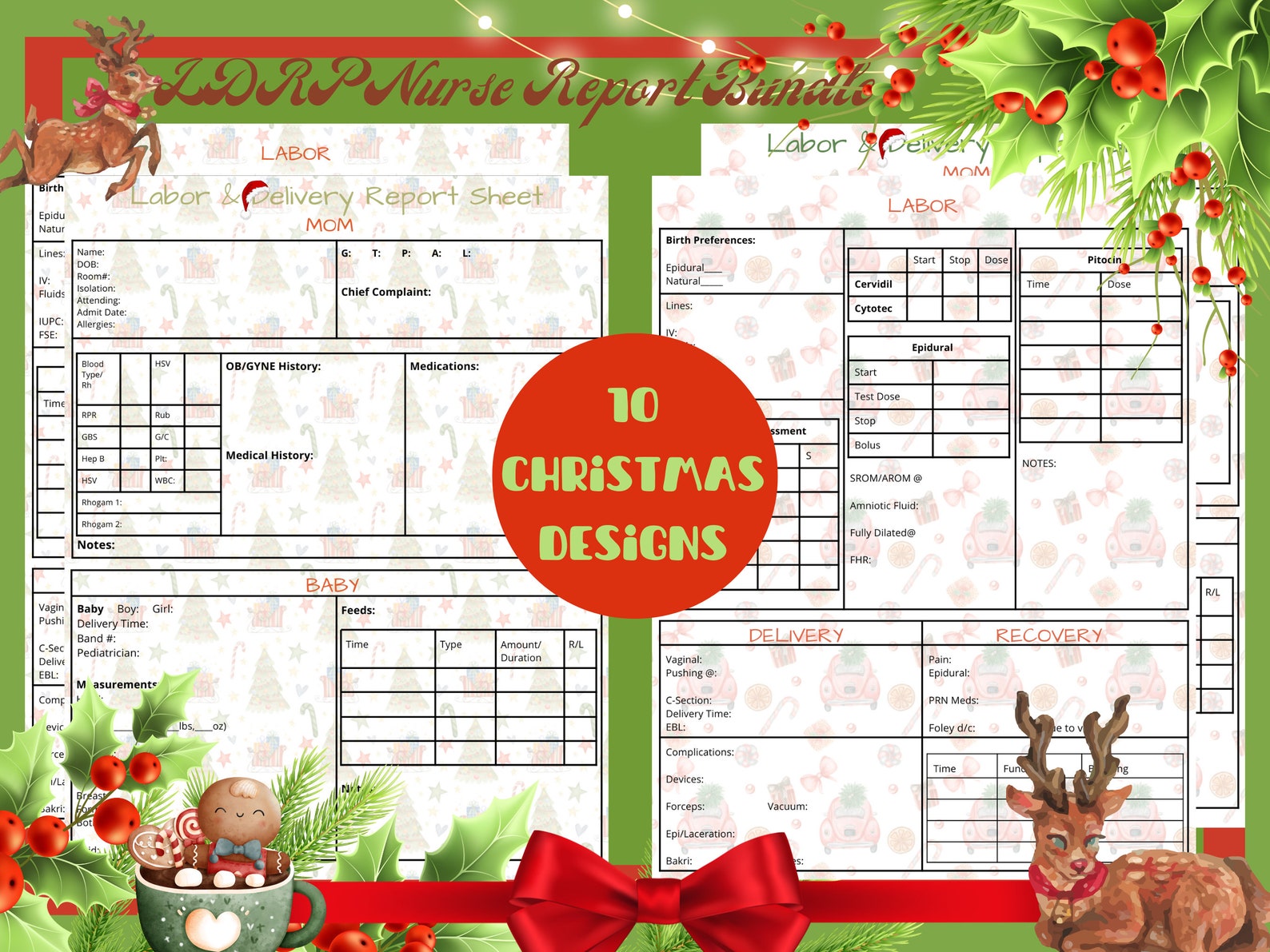 Labor and Delivery Nurse Report Sheet Bundle | 10 Designs | Christmas ...