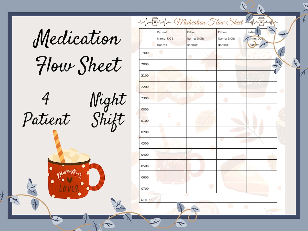 Medication Flow Sheet | Night Shift | 4 Patient | Pumpkin Spice Med Documentation | Nurse Brain ...