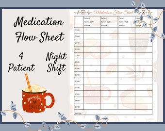 Medication Flow Sheet Day Shift 4 Patient Blue Floral Med Documentation Nurse Brain Printable ...