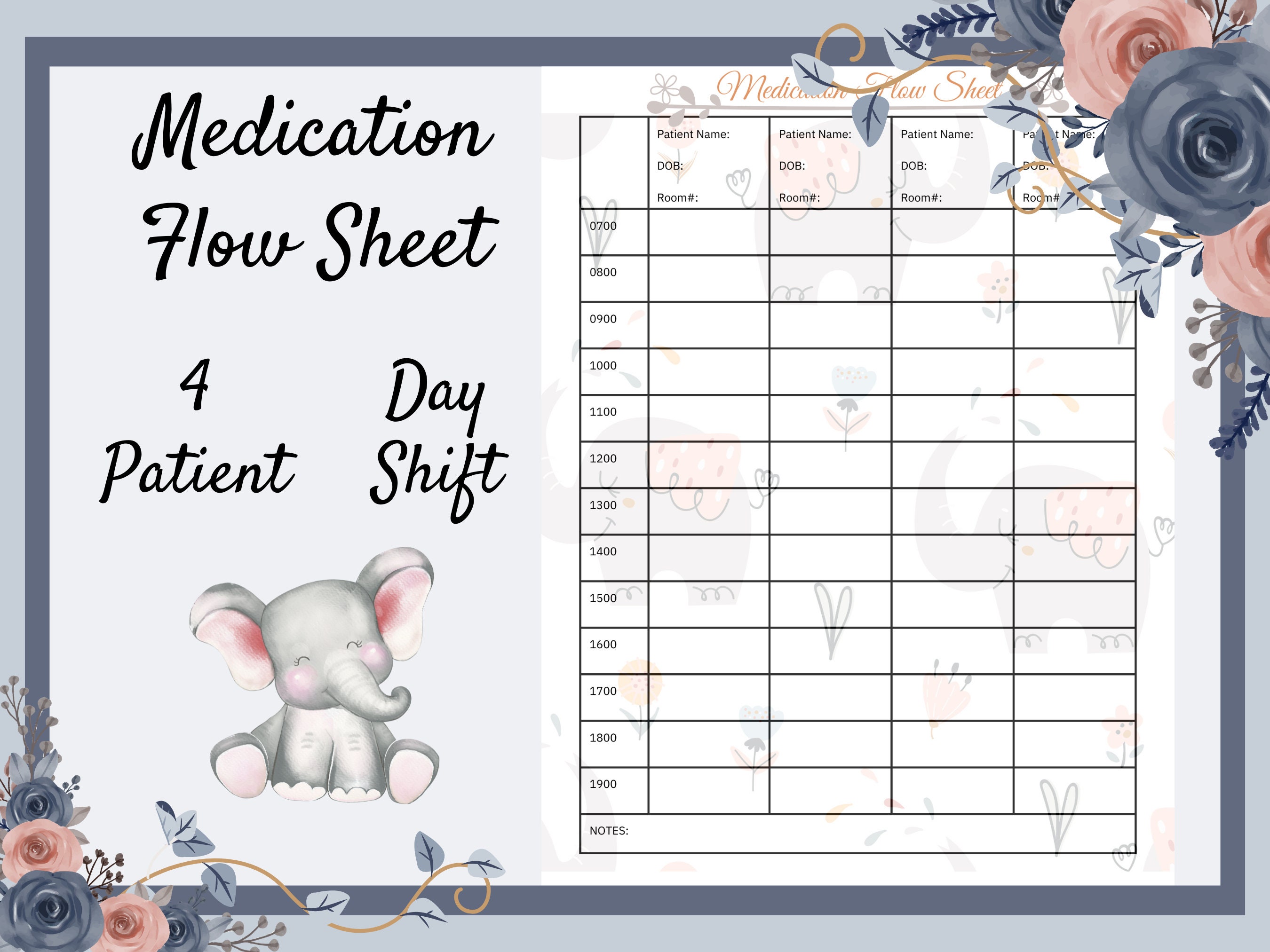 Medication Flow Sheet | Day Shift | 4 Patient | Elephant Medication ...