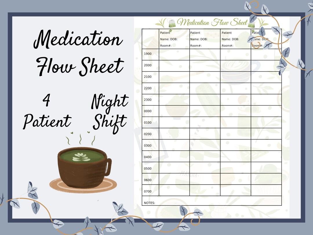 Medication Flow Sheet | Night Shift | 4 Patient | Matcha Latte Med ...