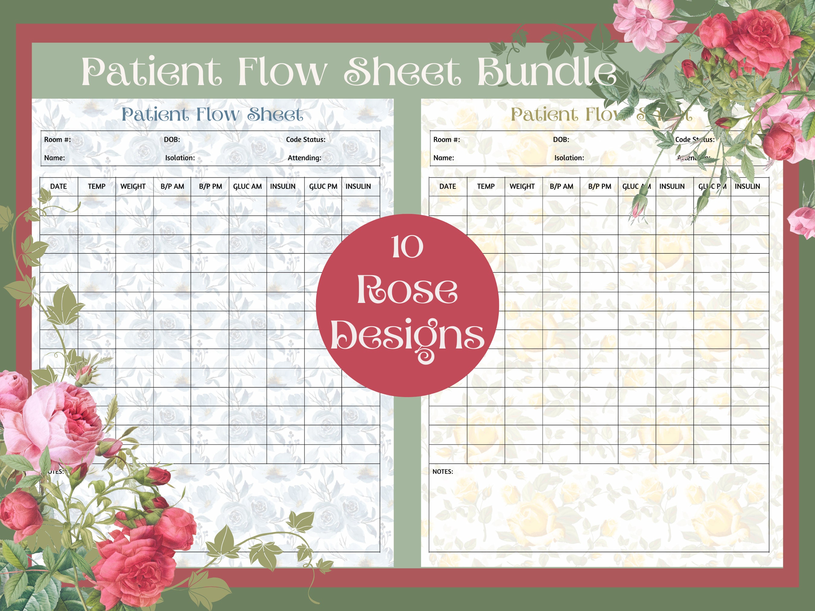 Patient Flow Sheet Bundle 10 Rose Designs 1 Patient Vitals ...