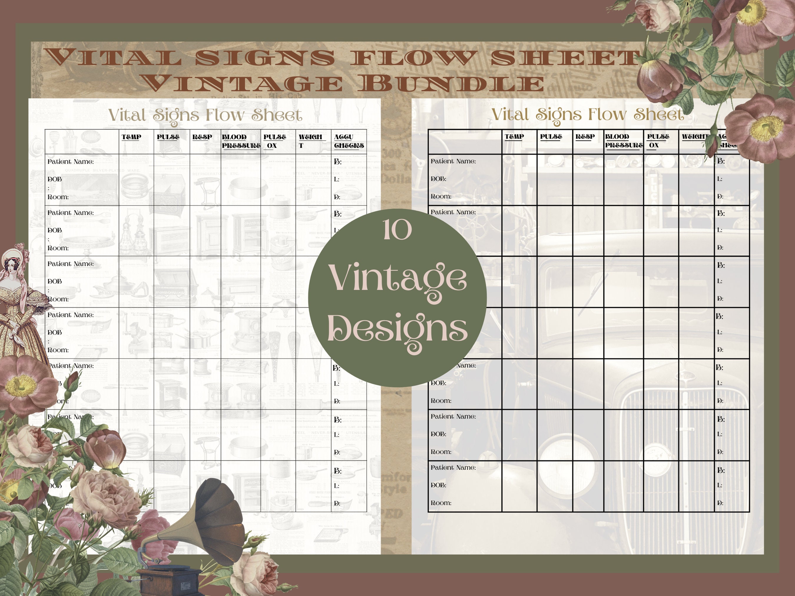 Vital Signs Flow Sheet Bundle Vintage 7 Patient Vitals Documentation ...