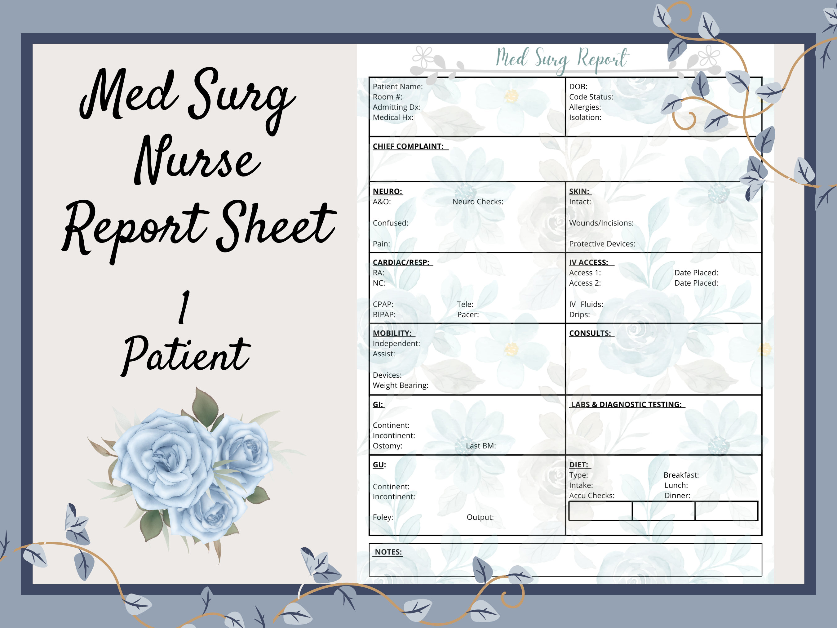 Med Surg Report Sheet Blue Floral Nurse Report Nurse Brain Nurse ...