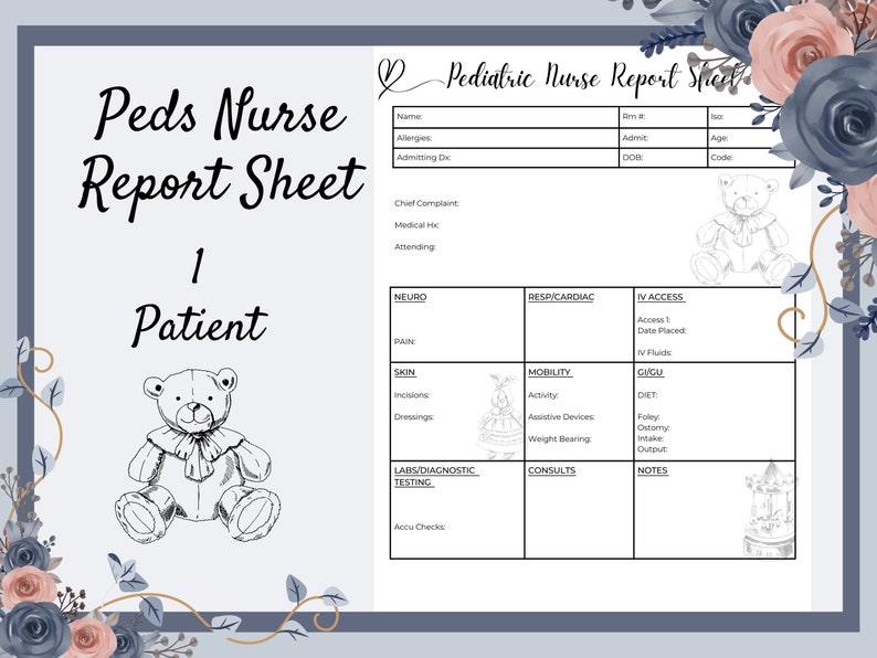 Pediatric Report Sheet |teddy Bear Nurse Report |nurse Brain| Pediatric ...
