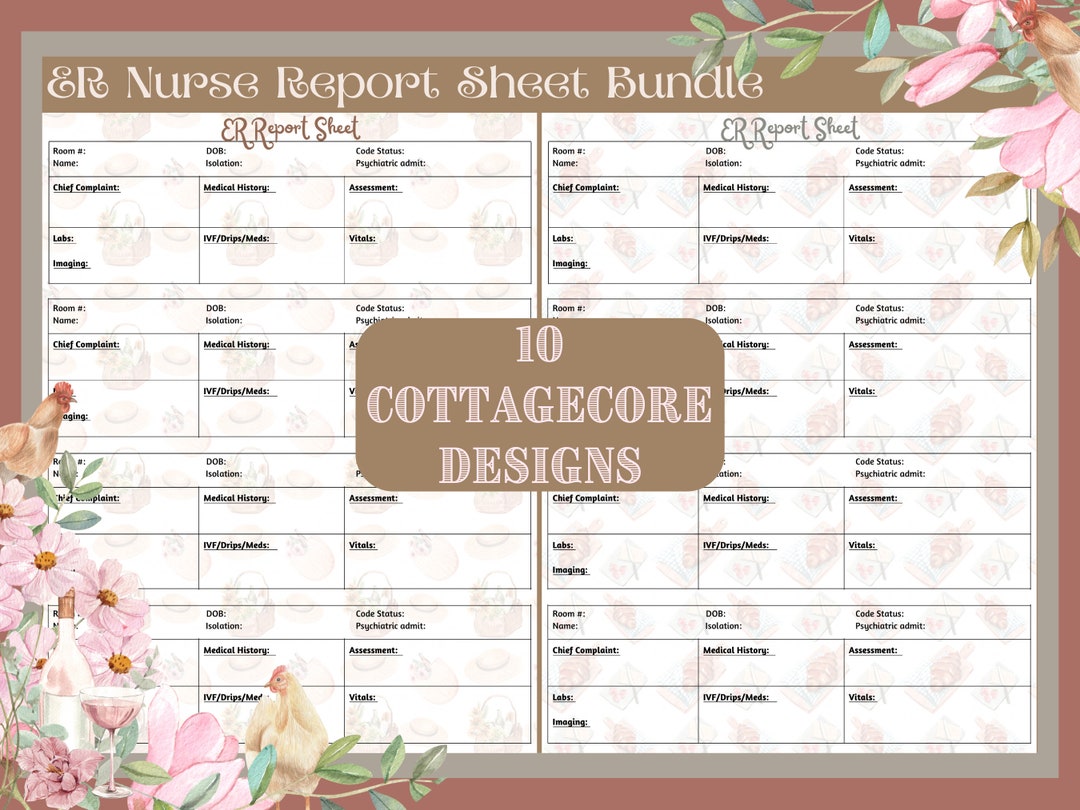 4 Patient ER Nurse Report Sheet Bundle | Cottagecore Nurse Report ...