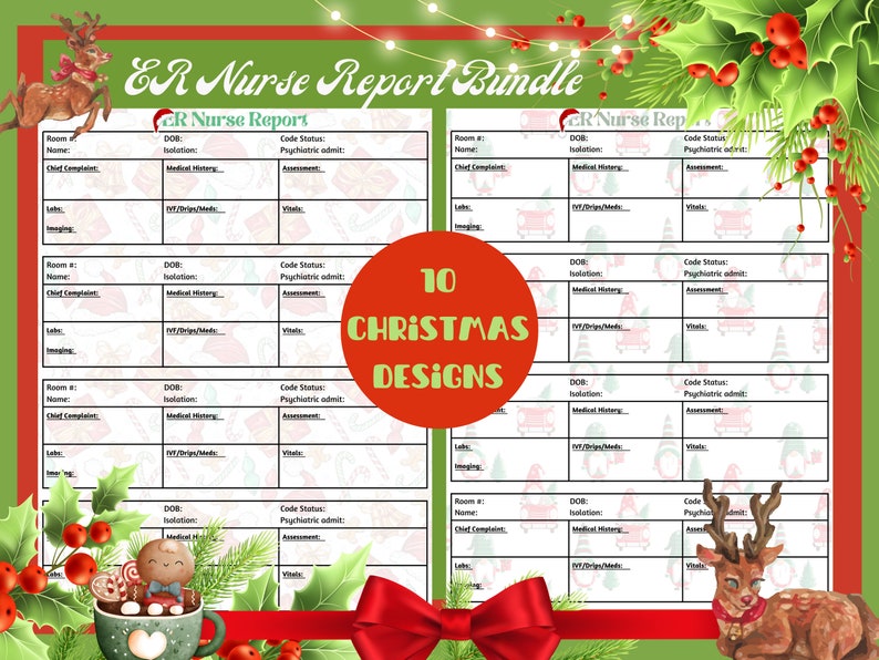 4 Patient ER Nurse Report Sheet Bundle | 10 Designs | Christmas Nurse ...