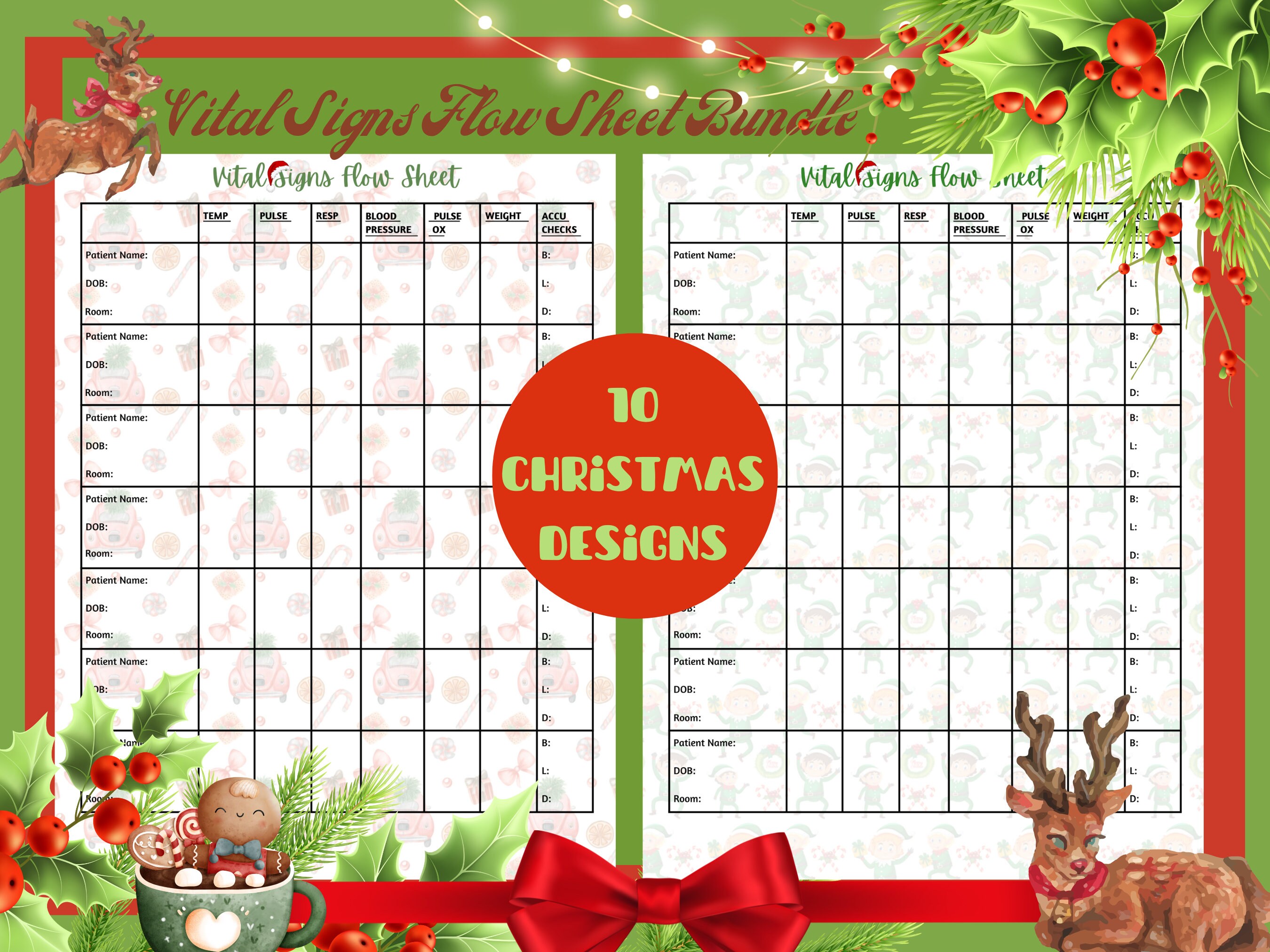 Vital Signs Flow Sheet Bundle | 10 Designs | Christmas Theme | 7 ...