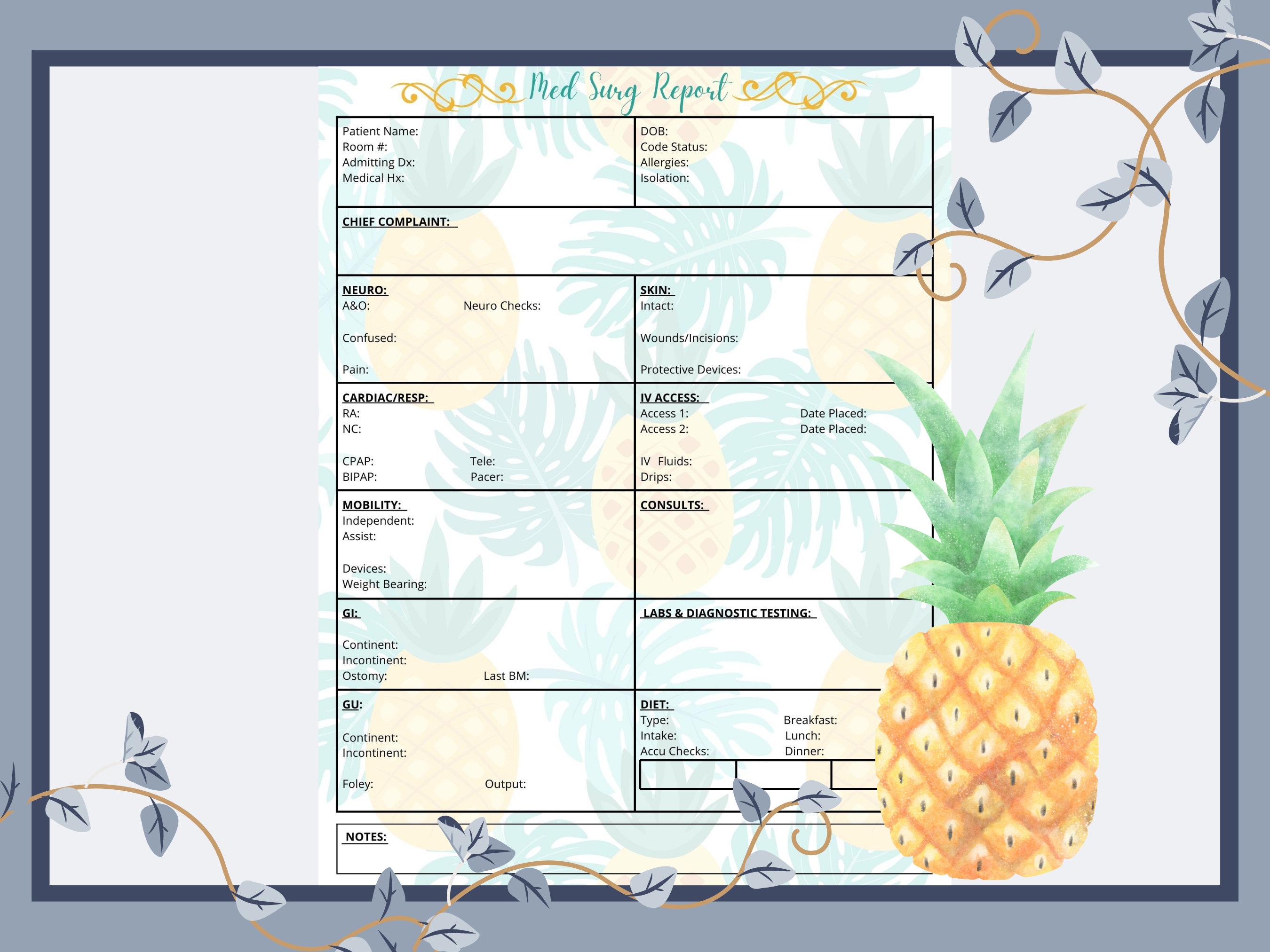 Med Surg Report Sheet | Colorful Pineapple Nurse Report | Nurse Brain | Nurse Printable Template ...