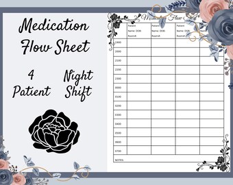 Medication Flow Sheet Day Shift 4 Patient Blue Floral Med Documentation Nurse Brain Printable ...
