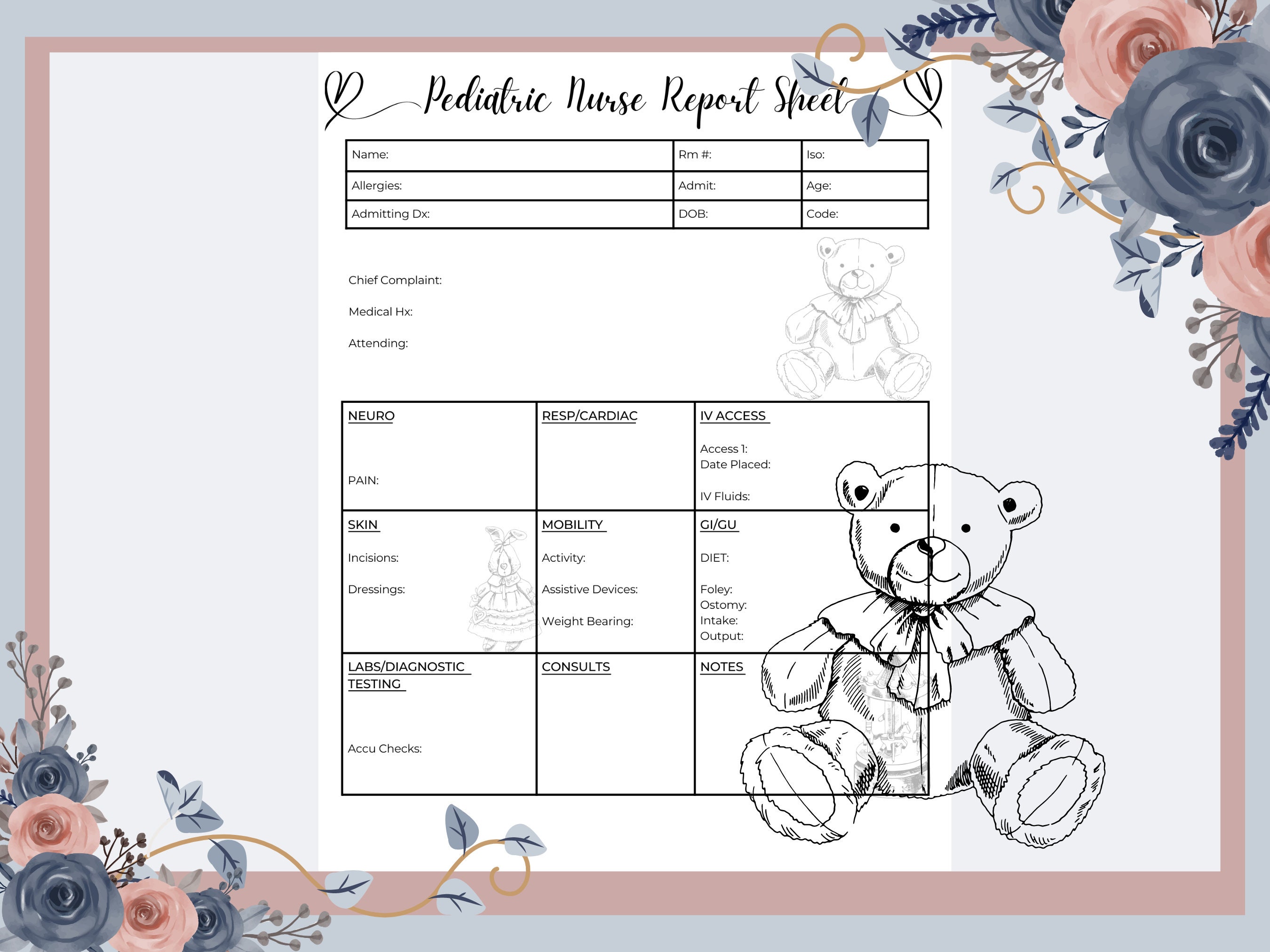 Pediatric Report Sheet |teddy Bear Nurse Report |nurse Brain| Pediatric ...