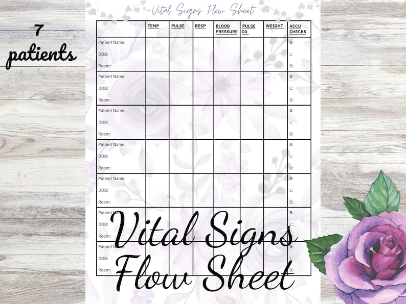 Purple Rose Vital Sign Sheet | Nurse CNA Report, 7 Patient (PDF) - Etsy